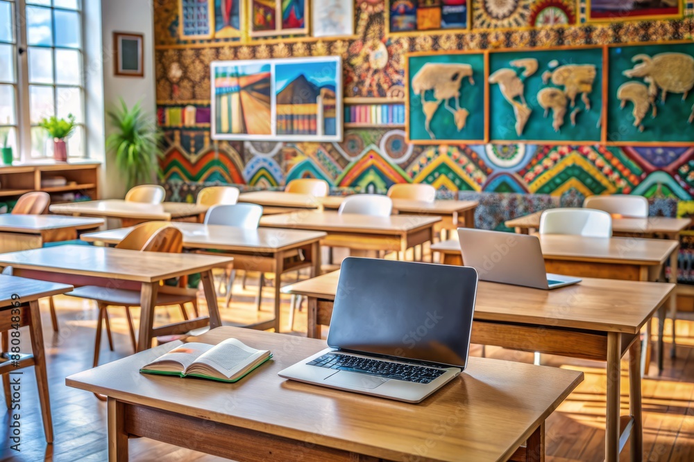 Empty classroom desk with open textbooks, laptops, and notebooks ...