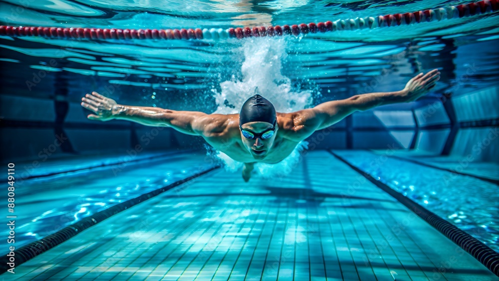 Professional swimmer in action underwater in a swimming pool ...