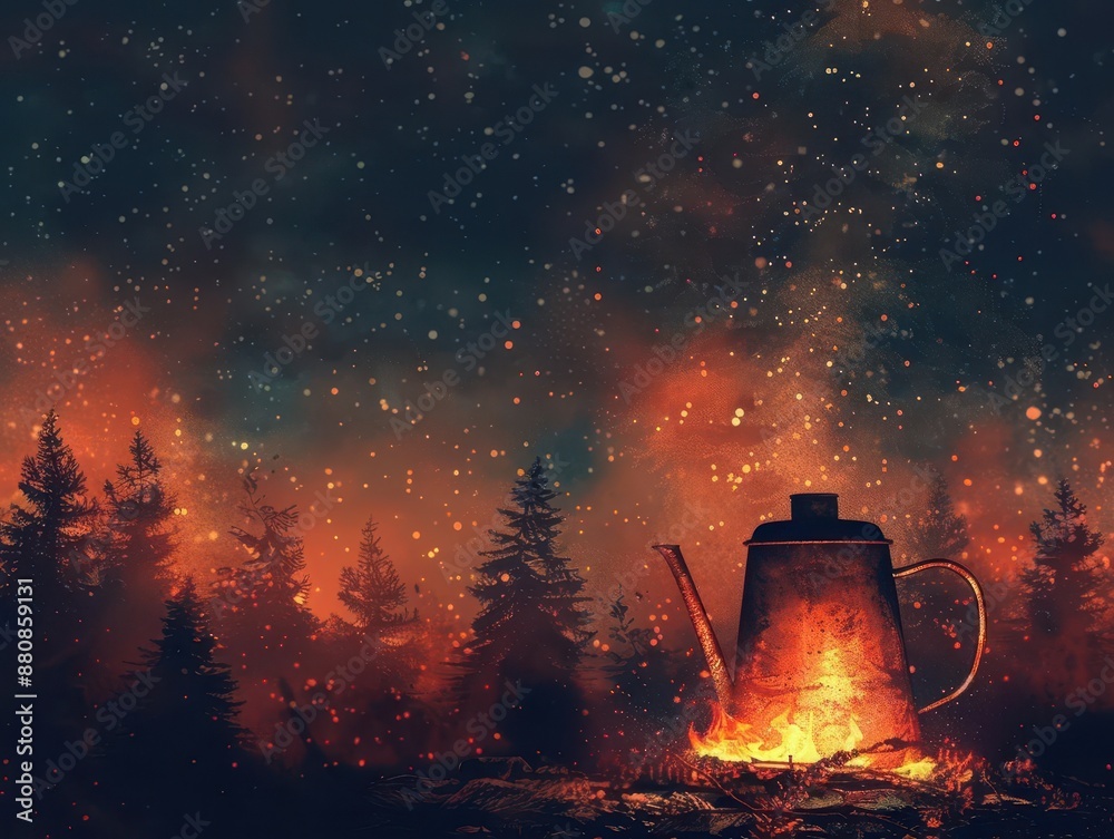 rustic campfire scene vintage copper coffee pot nestled in glowing ...