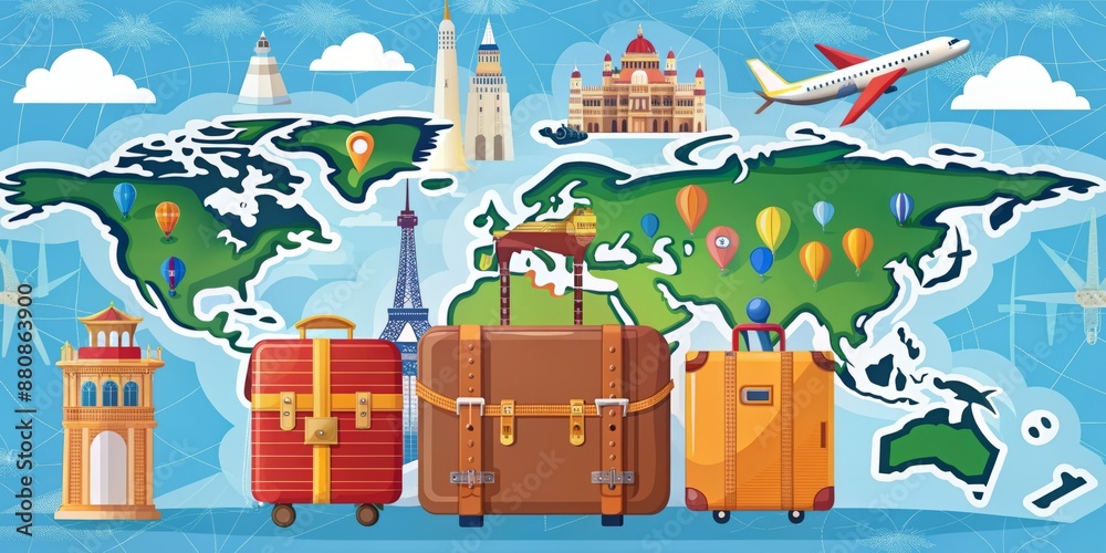 Colorful illustrated map with suitcases, planes, and landmarks ...