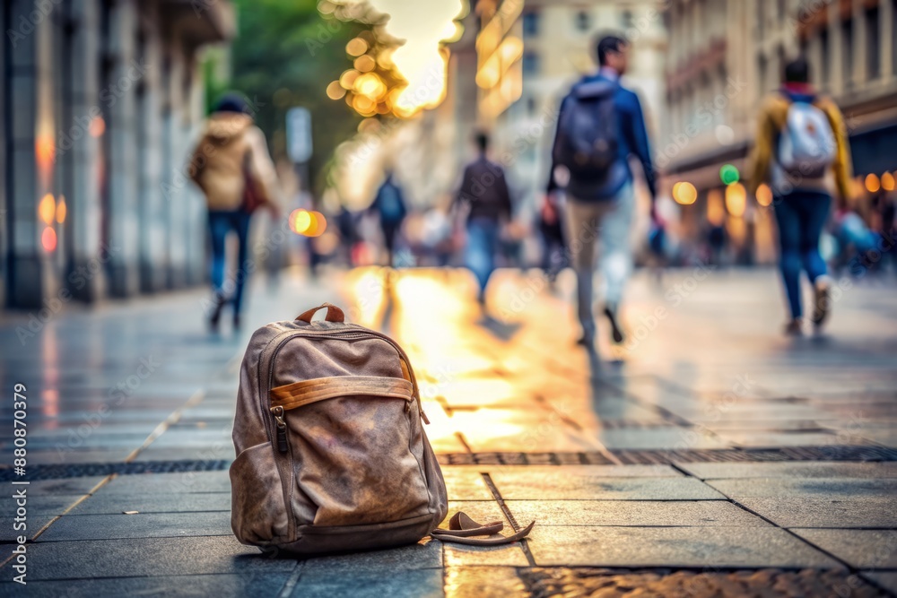 Lonely, tear-stained backpack lies abandoned on a bustling city street ...