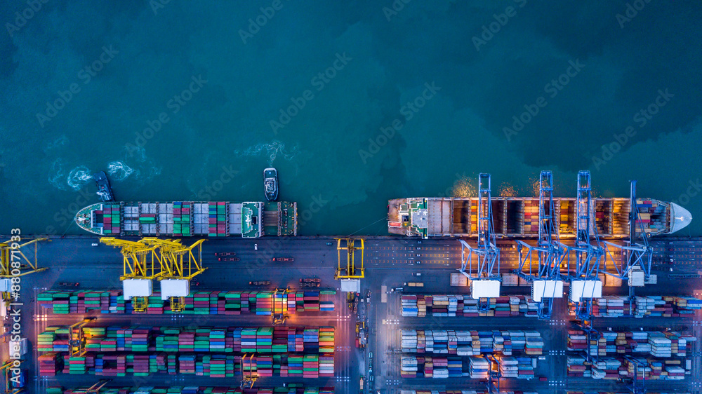 Aerial view container cargo ship at commercial sea port, Global ...