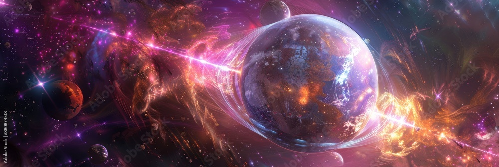 Cosmic Energy Beam - A vibrant depiction of a planet bathed in cosmic ...