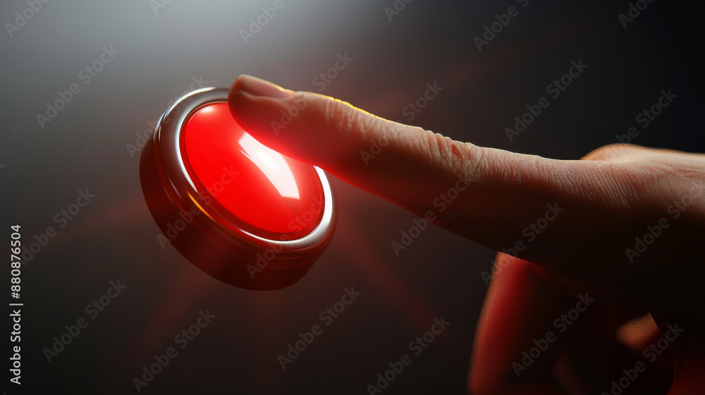 A finger reaching to press a glowing red button, with a lens flare ...