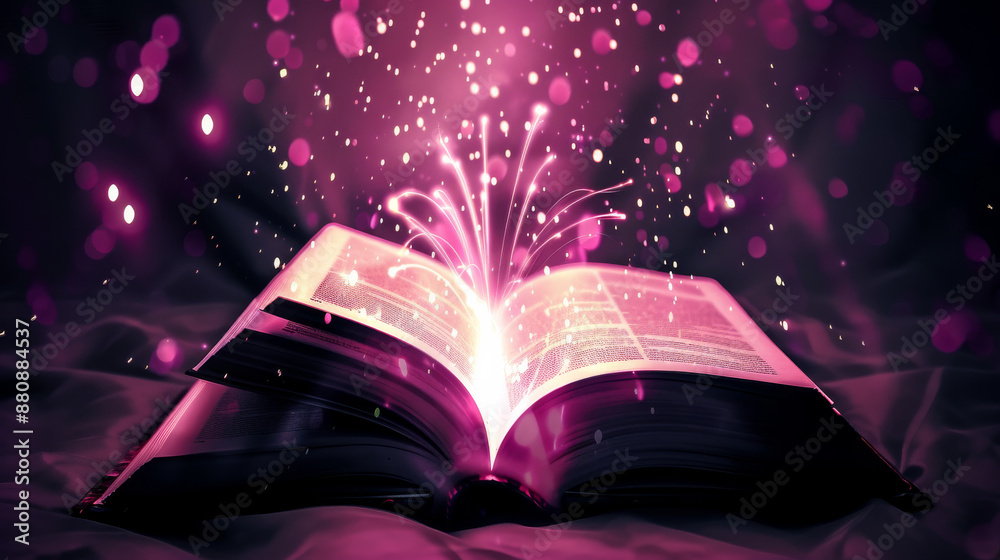 An enchanting open book emanating a magical pink light, as sparkling particles rise into the air ...
