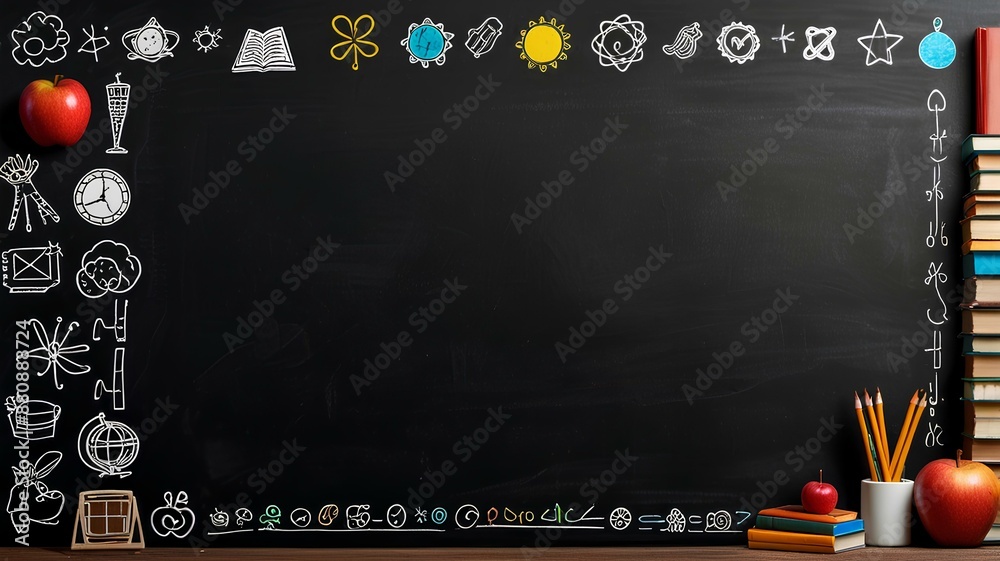 Blackboard background with school icons and chalk drawing symbols for ...
