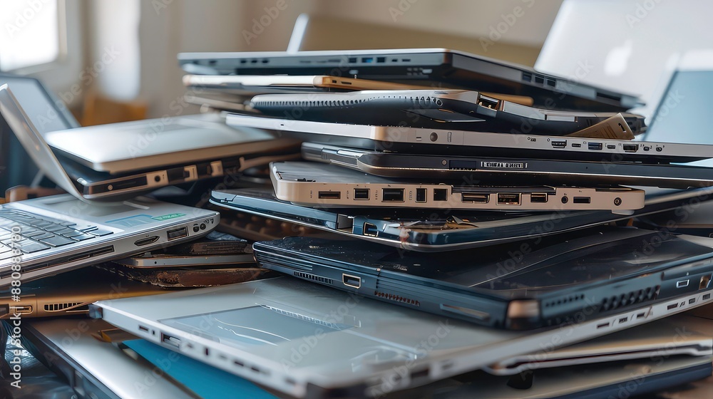Pile of old used laptop computers and digital tablet for recycling on ...