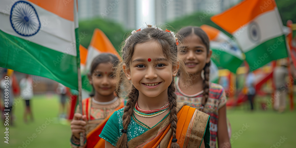 children, India, celebrating, Independence, Day, waving, Indian, flag ...