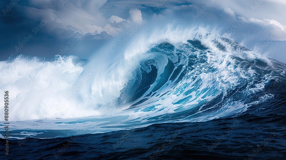 A magnificent, towering ocean wave captured in mid-curve, emphasizing ...