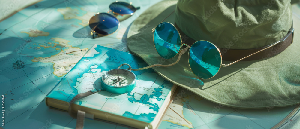 Essentials for an adventure laid out on a world map include a hat ...