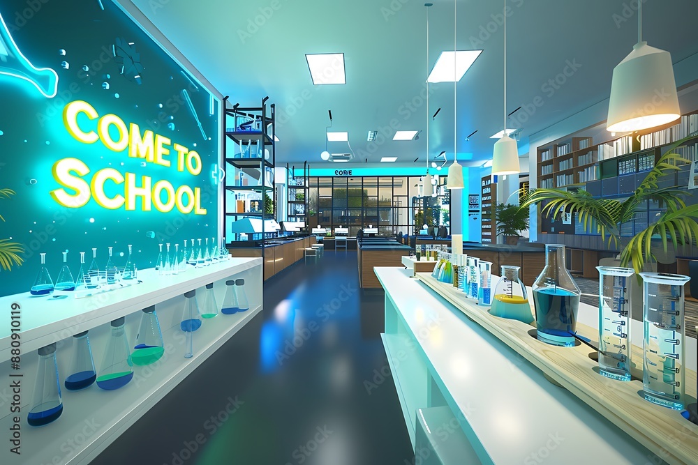Virtual tour of a modern school science lab with "COME BACK TO SCHOOL ...