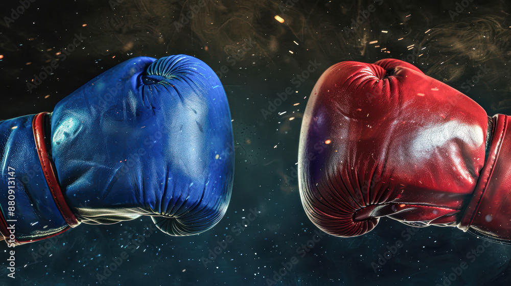Two boxing gloves, one blue and one red, are shown in the air Stock ...