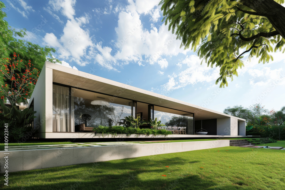 A contemporary single-story house with floor-to-ceiling windows, lush ...