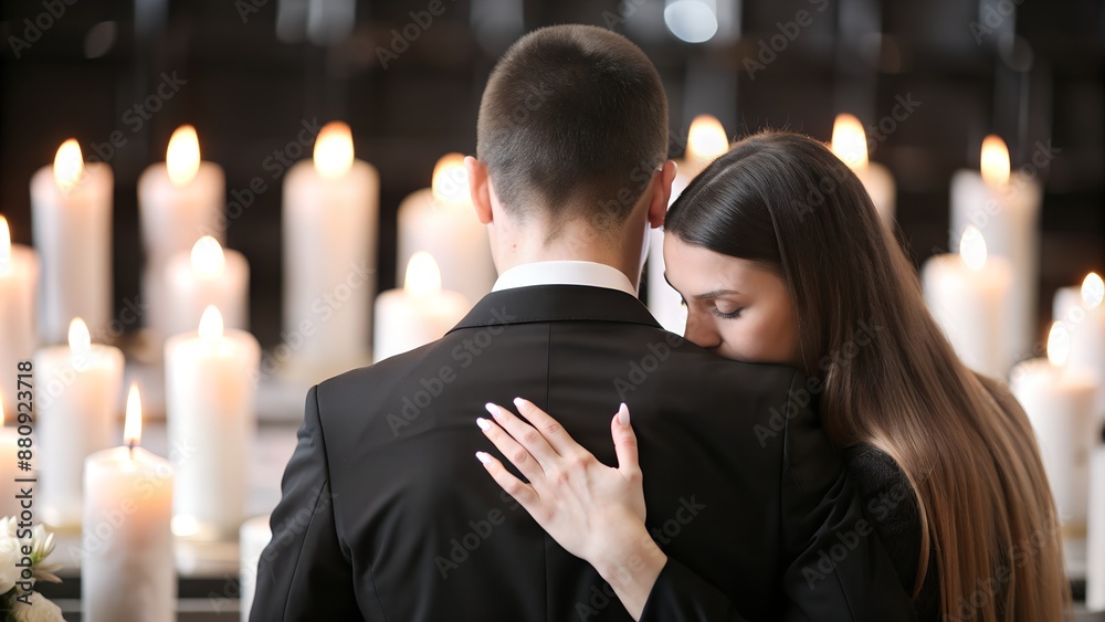 A couple embraces in a moment of grief, surrounded by lit candles in a ...