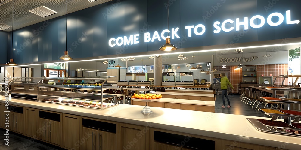 Detailed digital design of a school cafeteria with "COME BACK TO SCHOOL ...