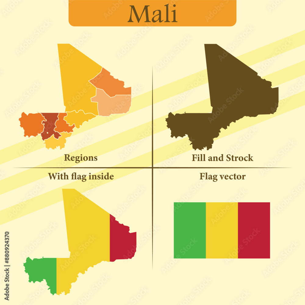 Vetor de Mali map vector states and lines and full with vector flag do ...