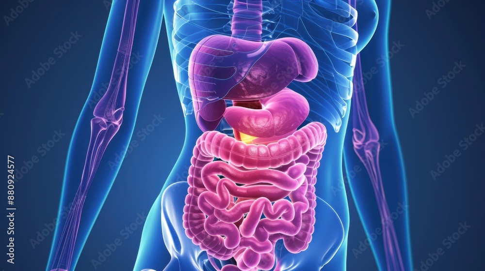 Diagram of woman s healthy digestive system, clearly illustrating the ...