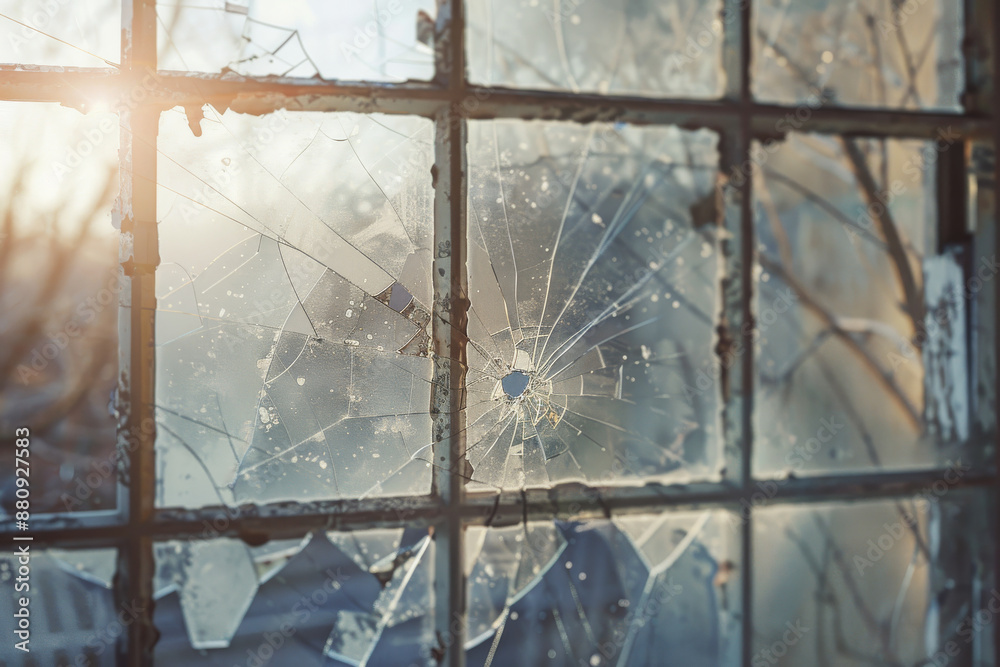 Sunlight streams through a shattered window, illuminating the cracks ...