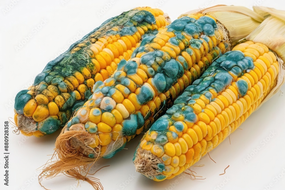Moldy corn on the cob with blue and green mold spots, isolated on white ...