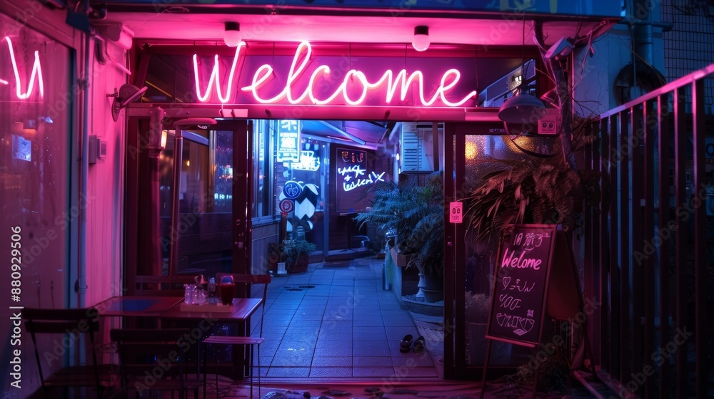restaurant cafe bar sign in the late dark night evening. welcome sign ...