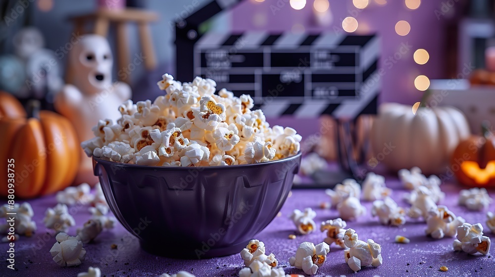 bowl of popcorn clapper board spooky halloween decorations on purple ...
