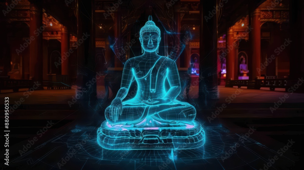 A supernatural scene unveils a Thai temple where the statues of deities ...