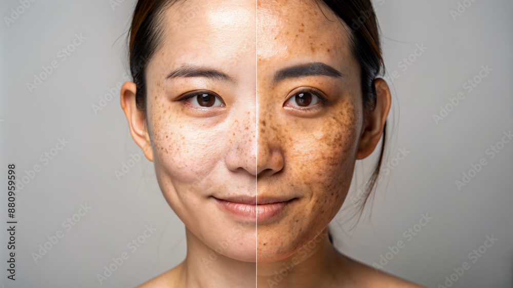 Before-and-after split-screen close-up of Asian woman's face showing ...