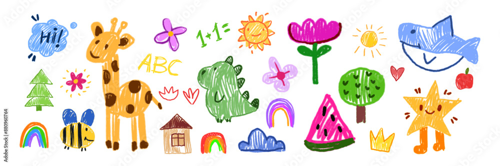 Poster Kids drawing illustration, vector children color pencil naive ...