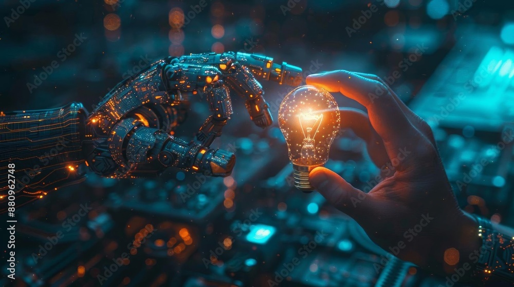 A captivating image showing a human hand and a robot hand connecting ...