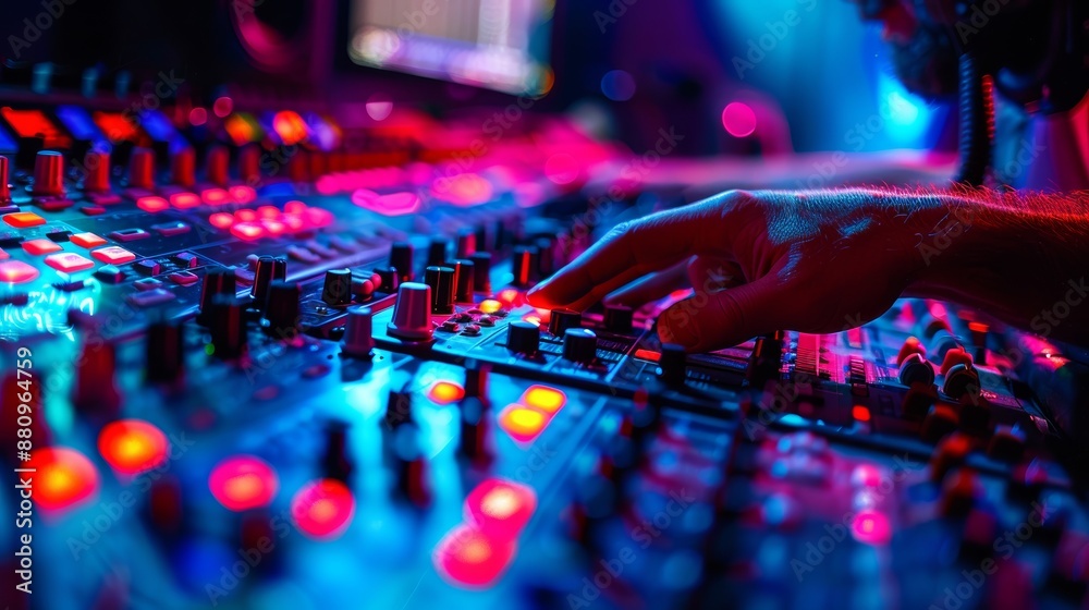 Professional sound engineer working on audio mixer in a recording ...