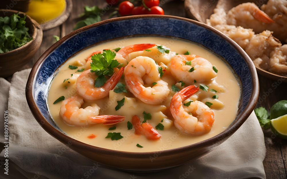 Brazilian bobó de camarão, shrimp in creamy cassava sauce, vibrant ...