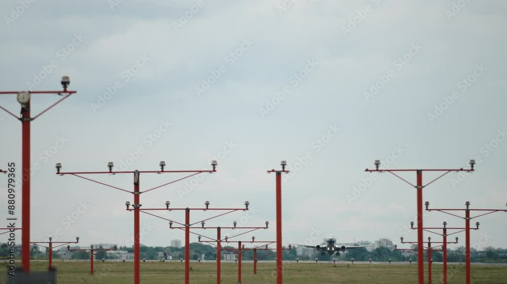 Commercial airliner takes off from airport runway and flies overhead ...