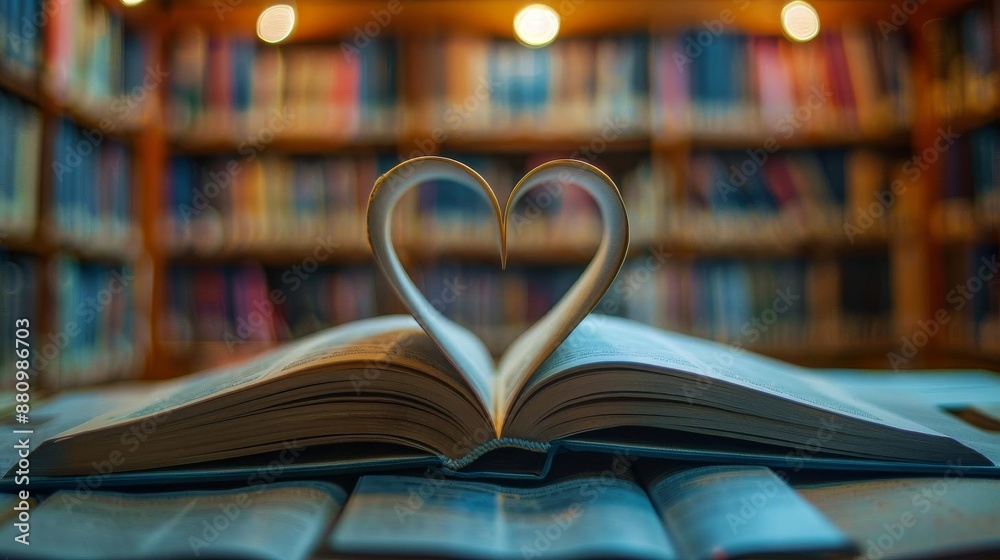 Open book in a library with pages forming a heart shape, symbolizing ...
