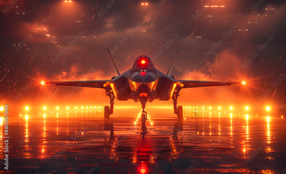 F-35 Fighter Jet on Runway at Night. A fighter jet sits on the tarmac ...