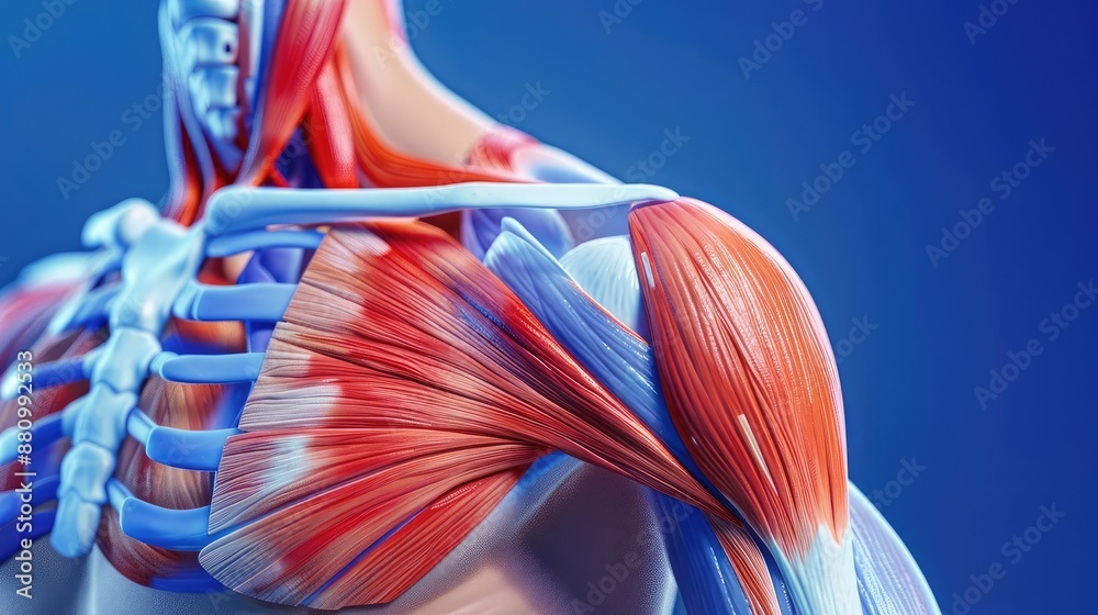 3D illustration of the human shoulder joint with muscles and ligaments ...