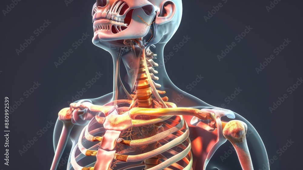 3D illustration of the human clavicle with surrounding anatomical ...