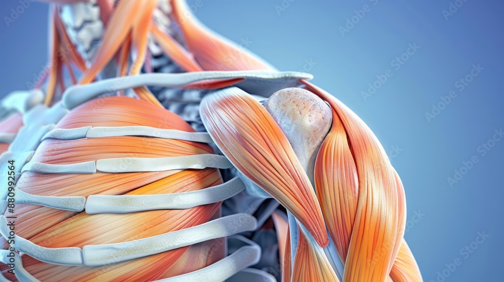 3D illustration of the human shoulder joint with muscles and ligaments ...