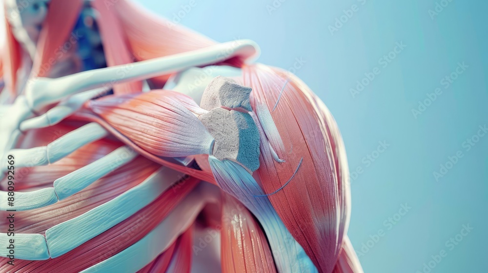 3D illustration of the human shoulder joint with muscles and ligaments ...