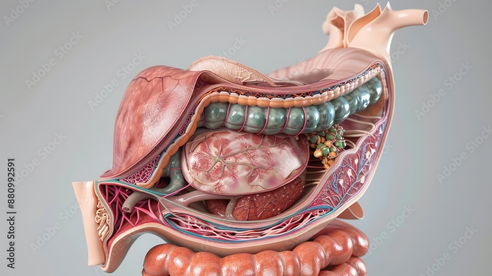 3D illustration of the human stomach with internal and external anatomy ...