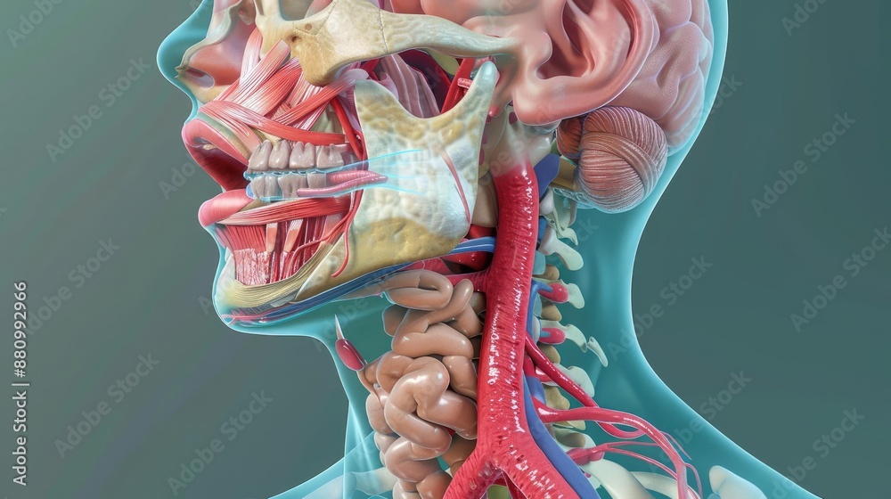 3D-rendered human pharynx and larynx with detailed anatomy, Human Body ...