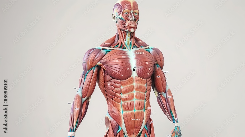 3D-rendered muscular system with labeled muscles, Human Body Anatomy ...