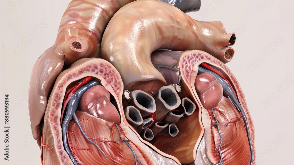 Detailed 3D illustration of the human heart showing internal chambers ...