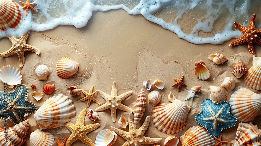 seashells frame border on sand colored background flat lay top view ...