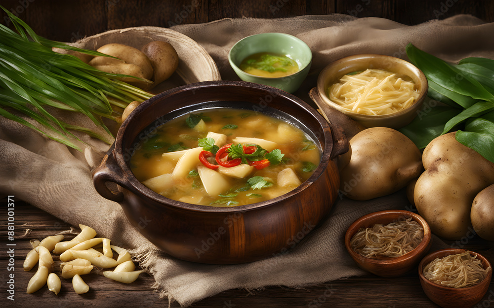 Nepali aloo tama, bamboo shoots, potatoes, sour soup, traditional bowl ...