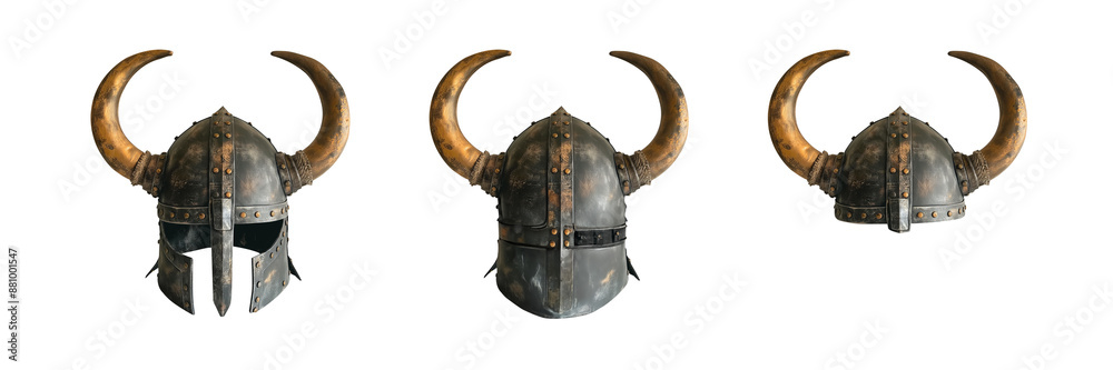 Medieval Viking helmet with curved sharp horns. Front and back view and ...