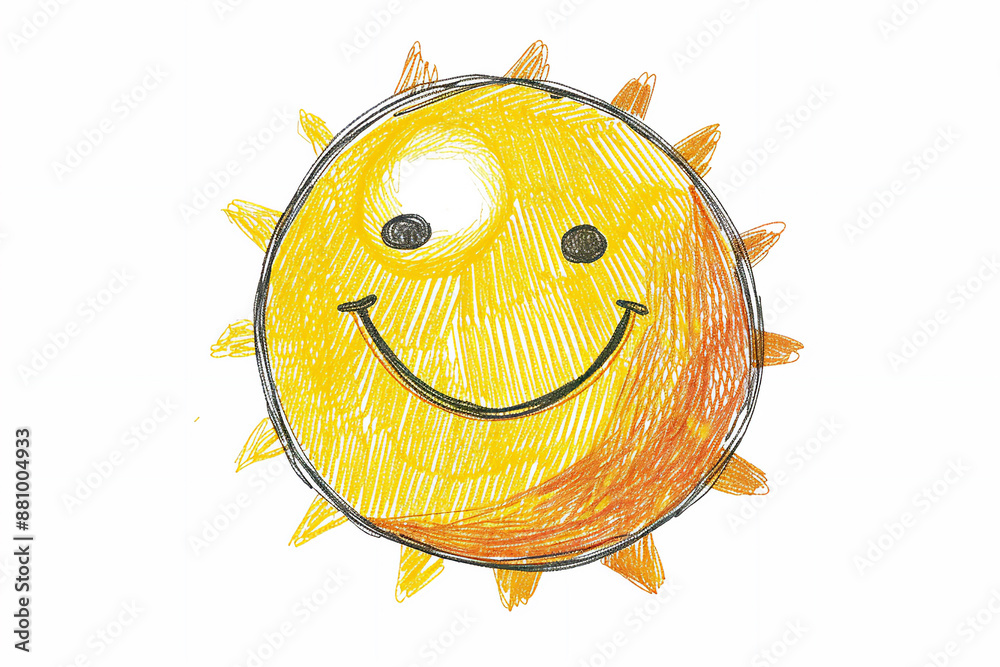Smiley emoji in the form of a children's artwork drawing of the sun ...