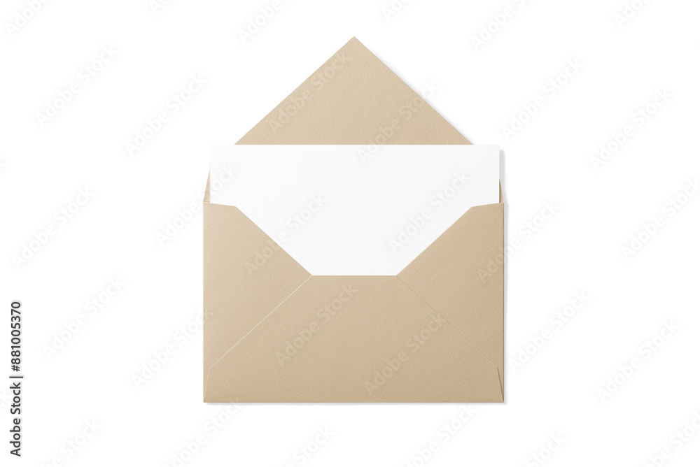 Opened brown paper envelope mockup with paper sheet isolated on a ...