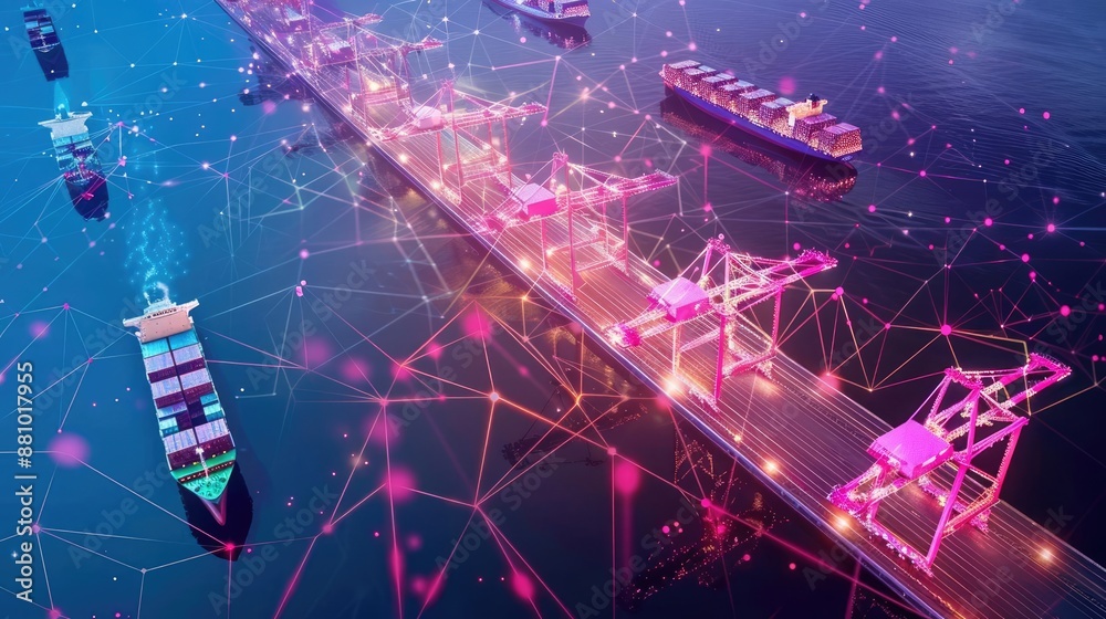 Global network map with container ships and ports highlighted, vibrant ...