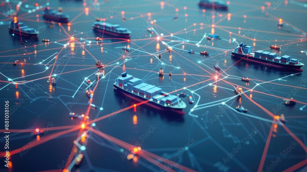 Network diagram with container ships as nodes, global logistics concept ...