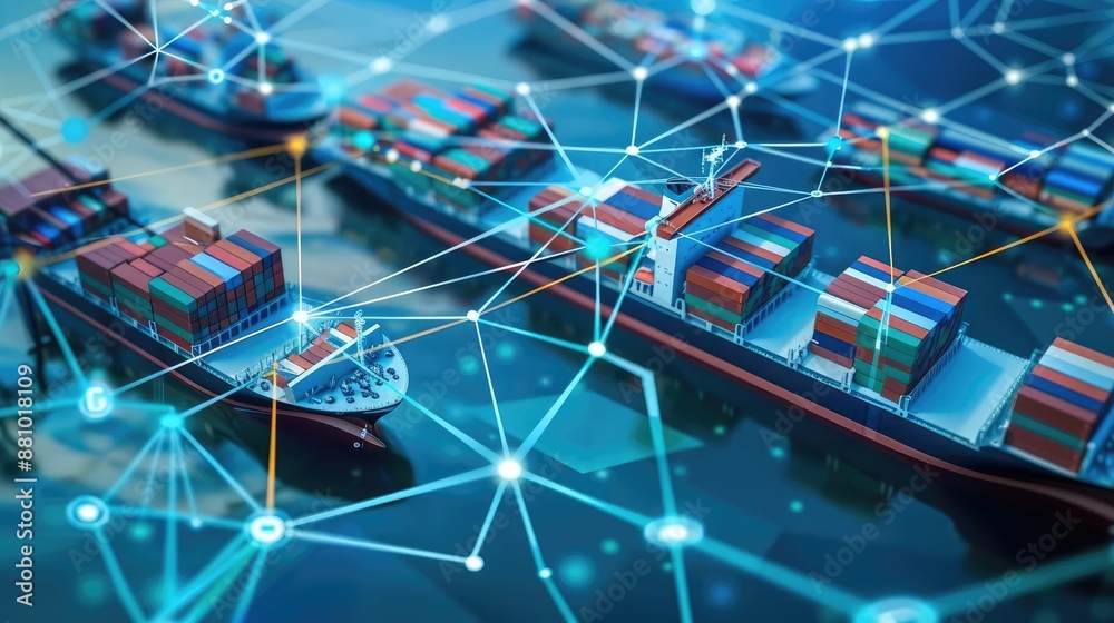 Network diagram with container ships as nodes, global logistics concept ...